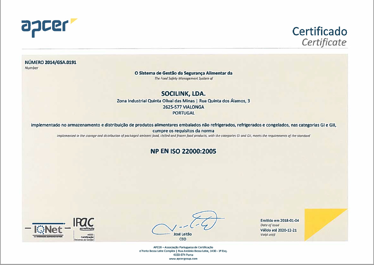 Certificação NP EN ISO22000 | Onelink